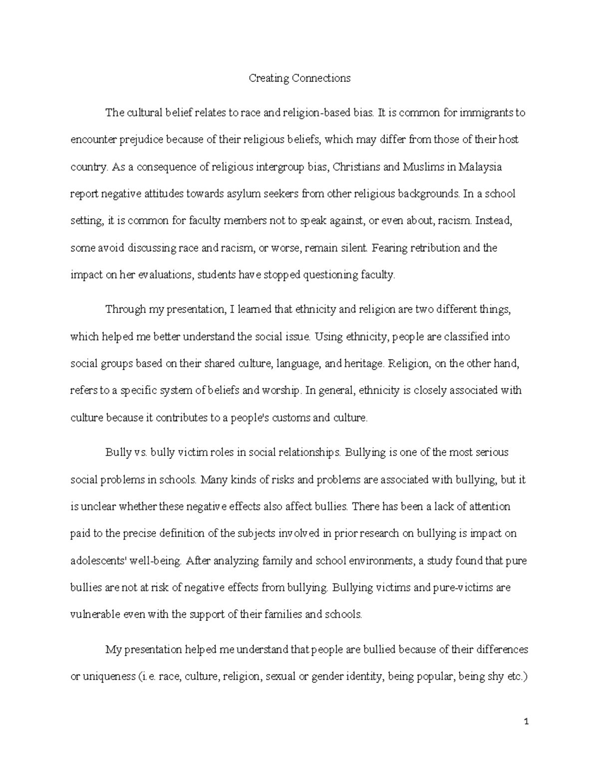 5-1 Creating Connections - Creating Connections The cultural belief ...