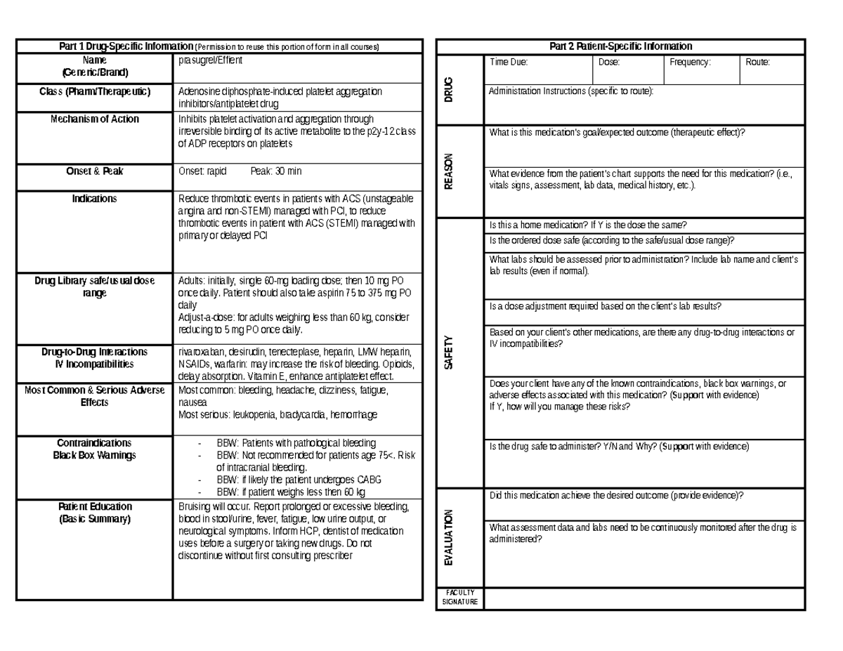 Prasugrel (Effient) - Part 2 Patient-Specific Information DRUG Time Due ...