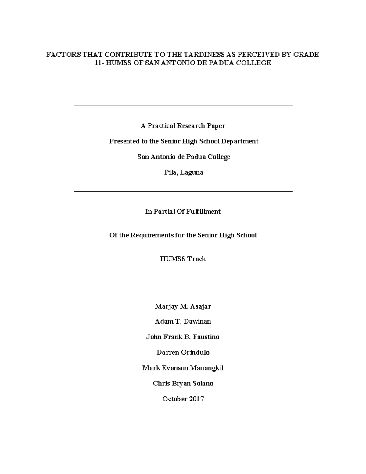 Factors THAT Contribute TO THE Tardiness - FACTORS THAT CONTRIBUTE TO ...