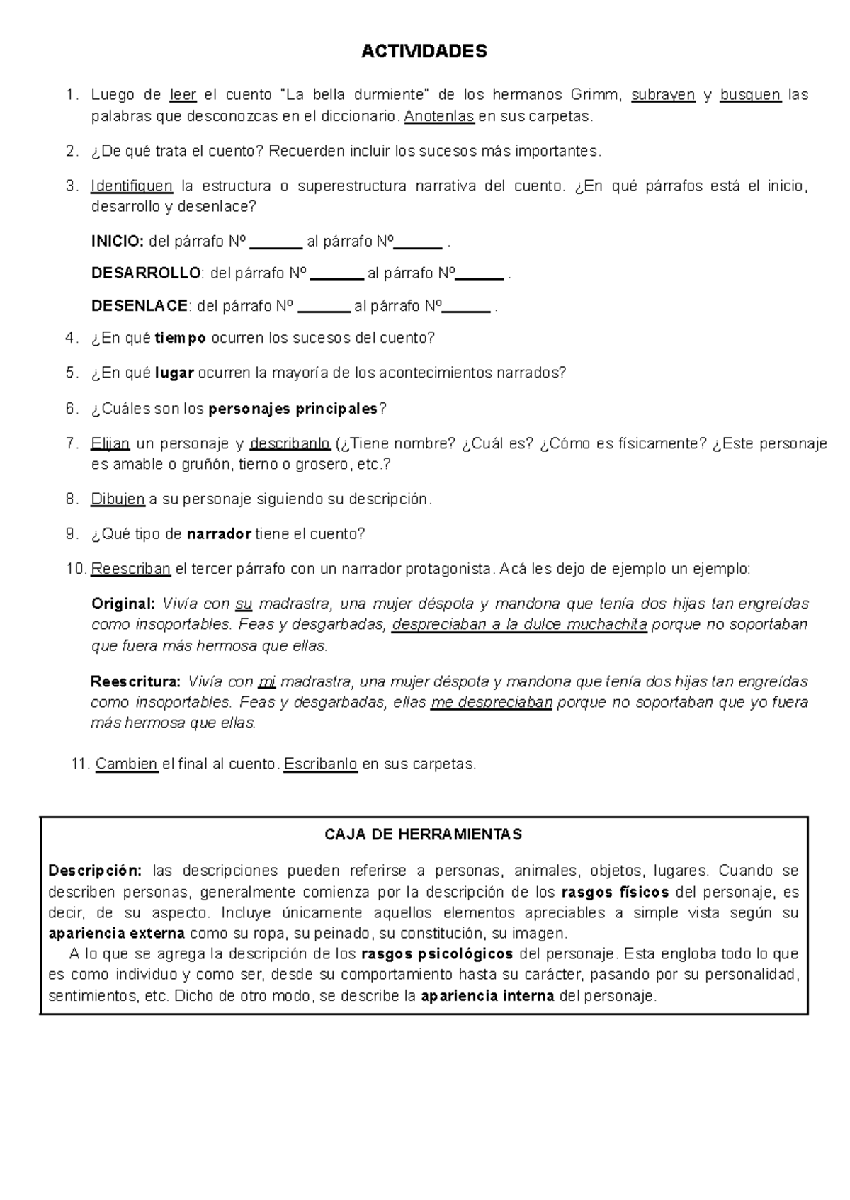 Actividades LA Bella Durmiente - ACTIVIDADES Luego de leer el cuento ...