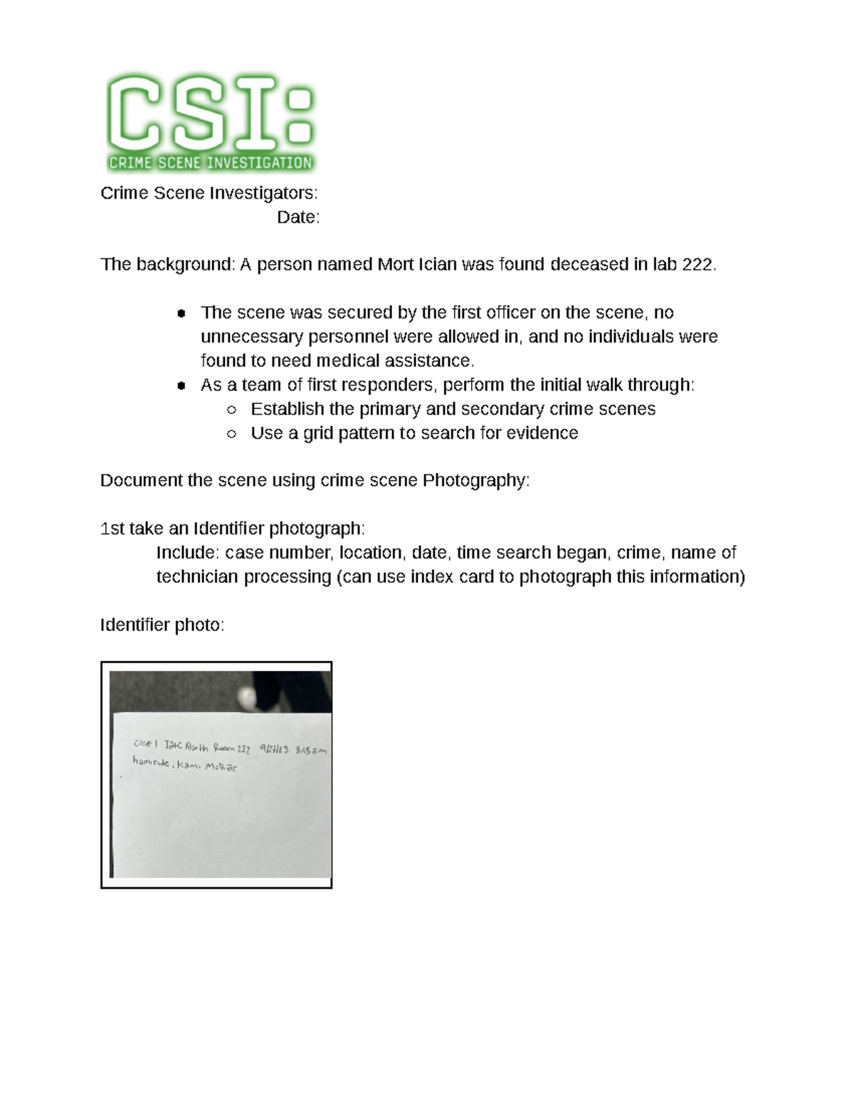 CSI template for photos, sketches - Google Docs - Crime Scene ...