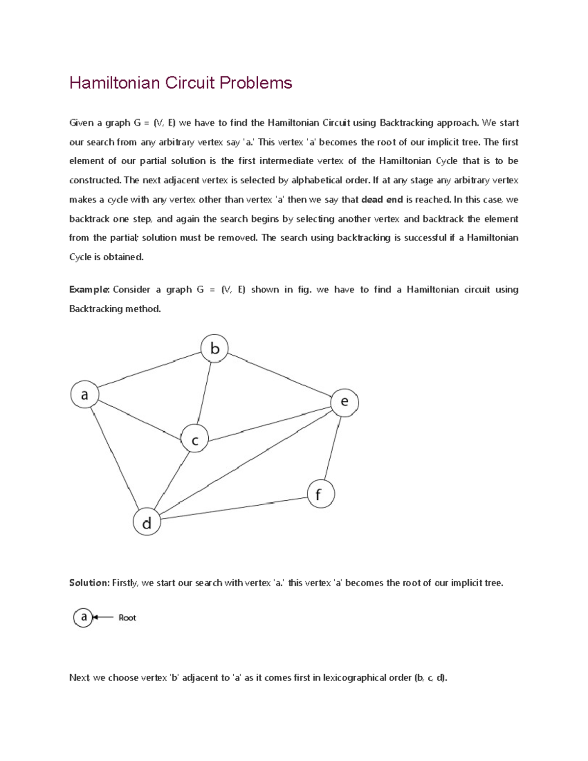 Hamiltonian circuit - We start our search from any arbitrary vertex say 'a.' This vertex 'a ...