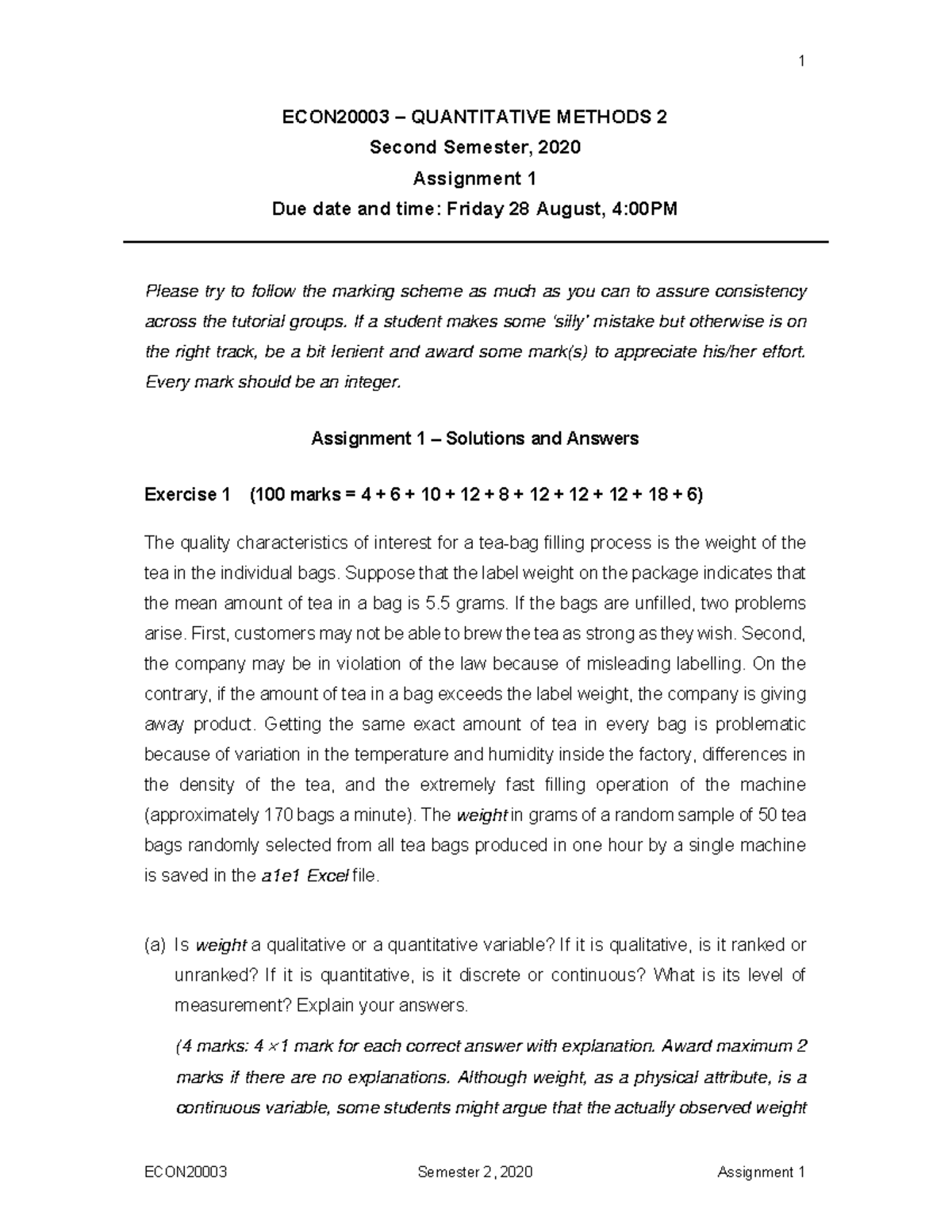 Assignment 1 Q&A - ECON20003 – QUANTITATIVE METHODS 2 Second Semester, 2020 Assignment 1 Due ...