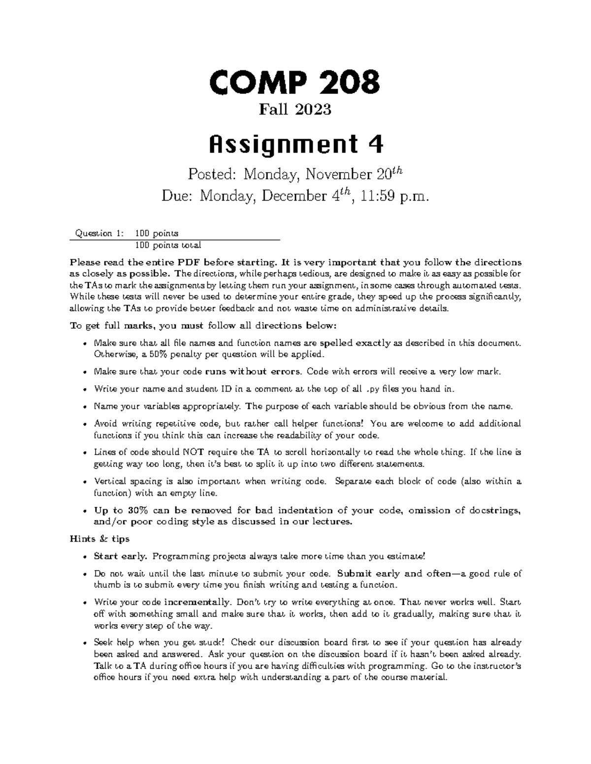 COMP208 Assignment - COMP 208 Fall 2023 Assignment 4 Posted: Monday ...