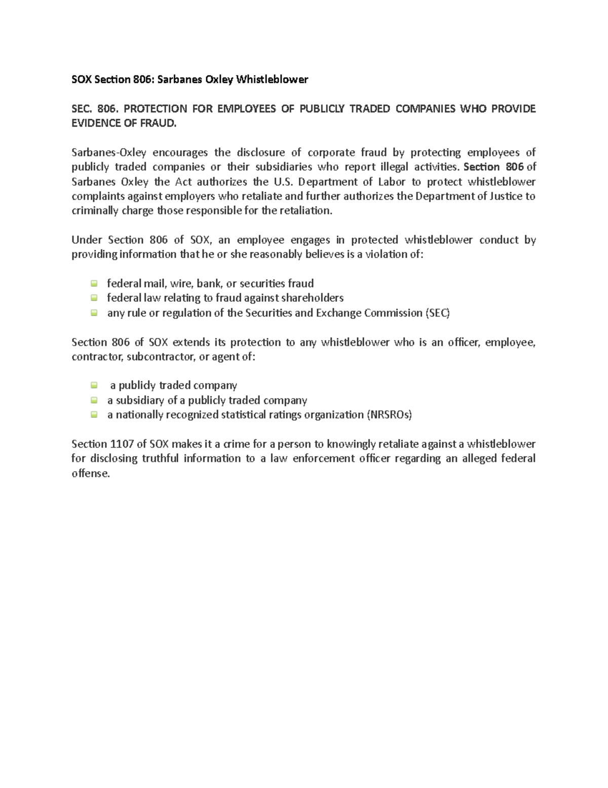 SOX Section 806 Sarbanes Oxley Whistleblower - SOX Section 806 ...