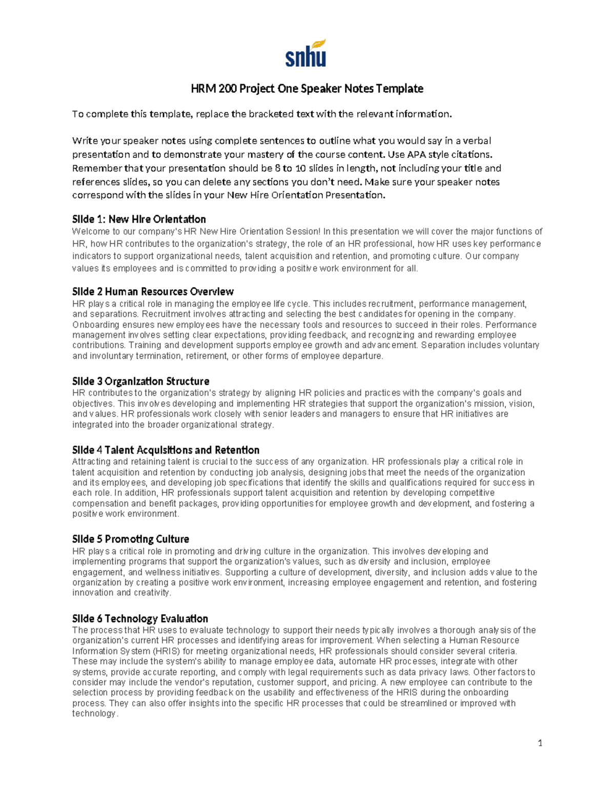 HRM 200 Project One Speaker Notes Template - Write your speaker notes ...