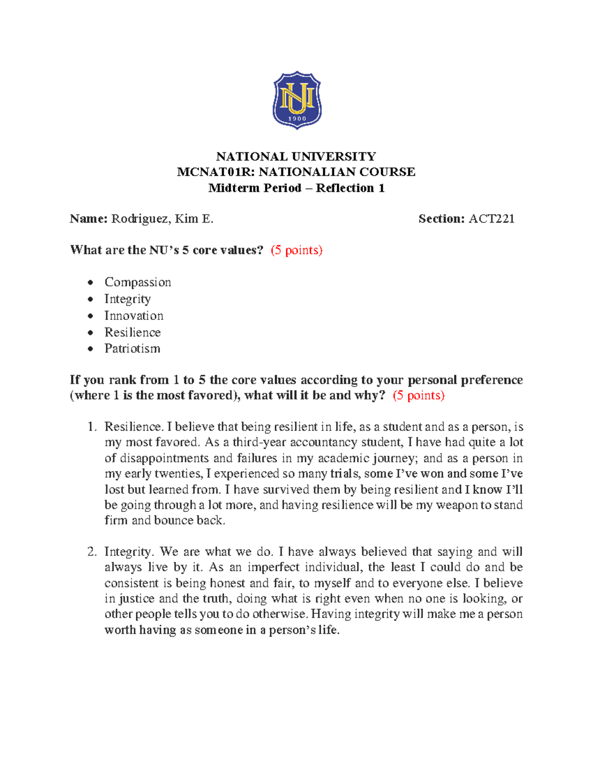 National University Core Values - NATIONAL UNIVERSITY MCNAT 0 1R ...