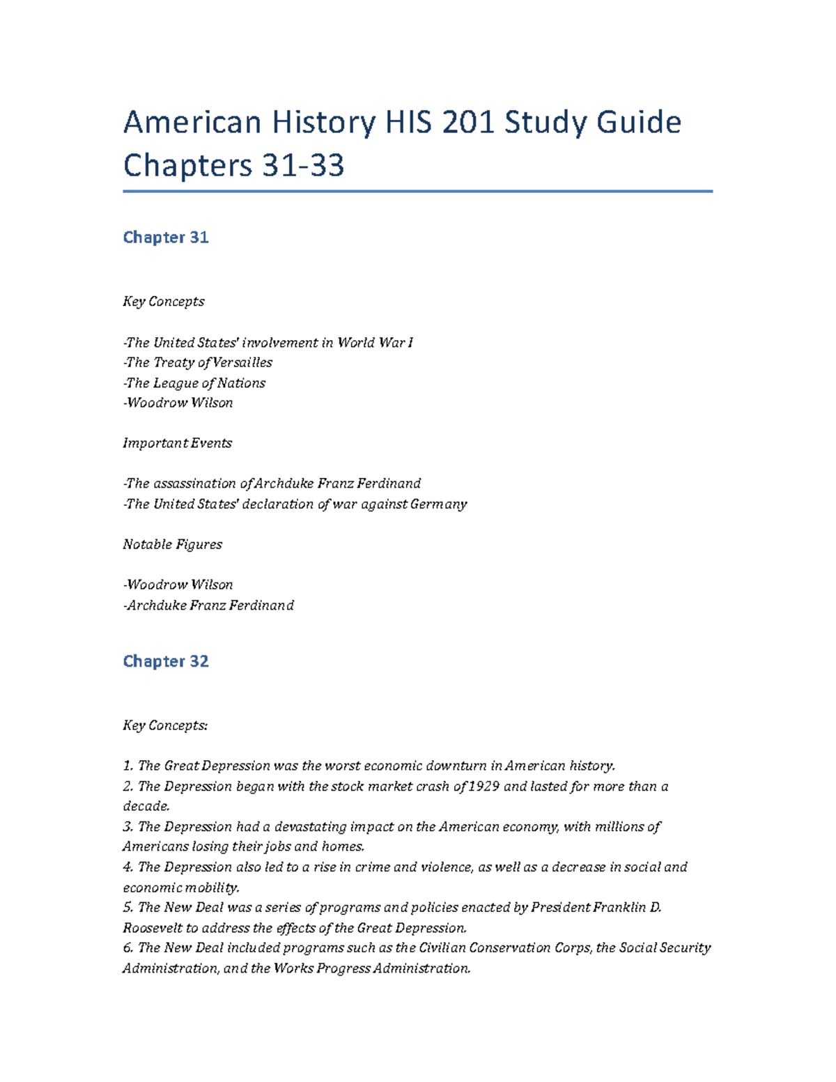 American History HIS 201 Study Guide Chapters 31-33 - American History ...