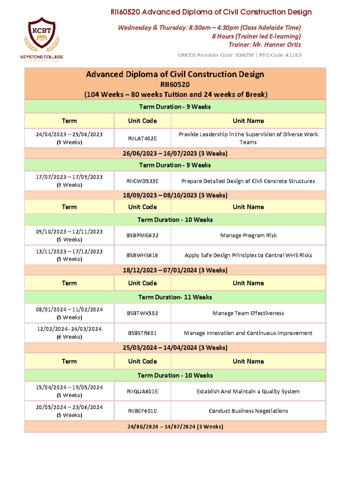 Adccd W-Th Timetable 24 - RII60520 Advanced Diploma of Civil ...