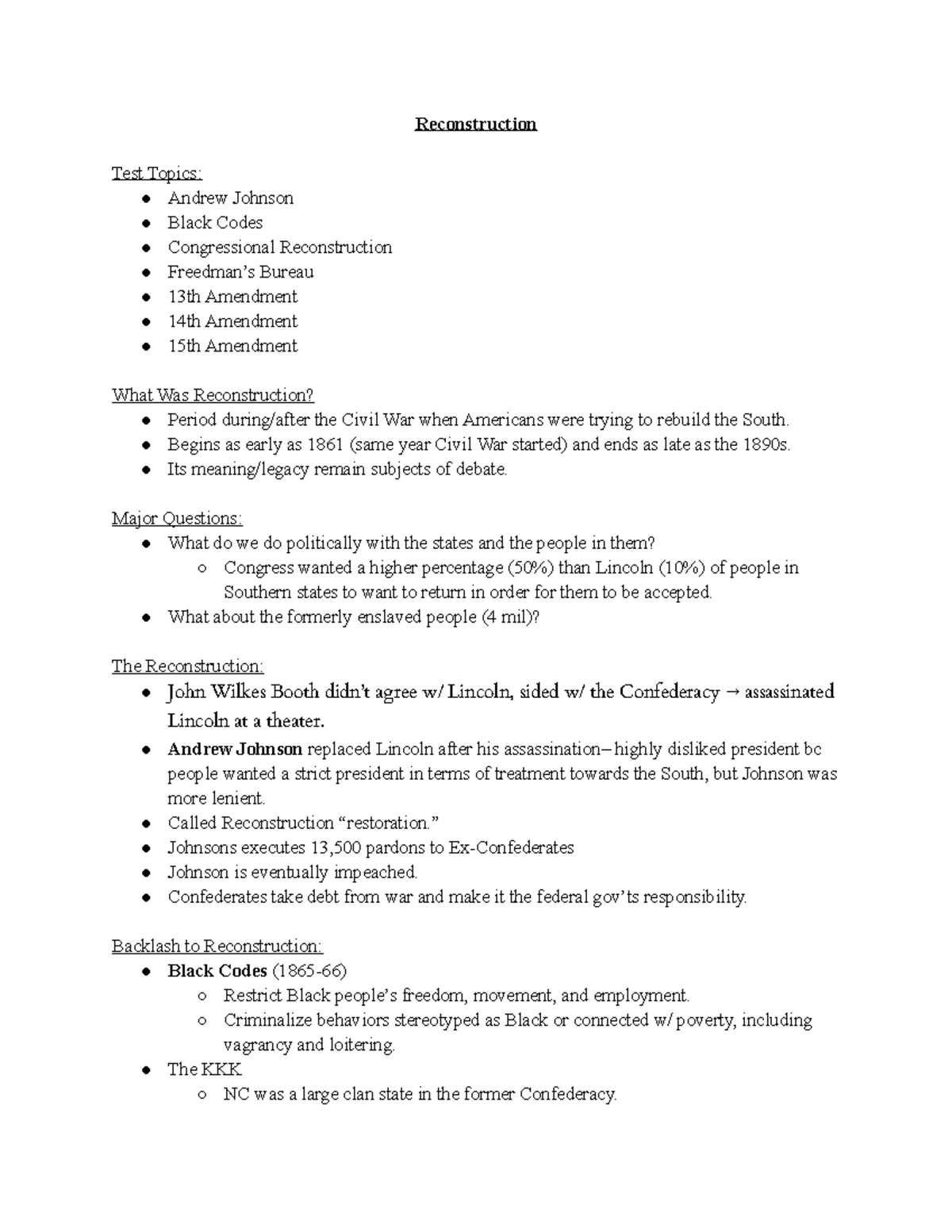 Reconstruction - AMST 210 Class Notes - Reconstruction Test Topics ...