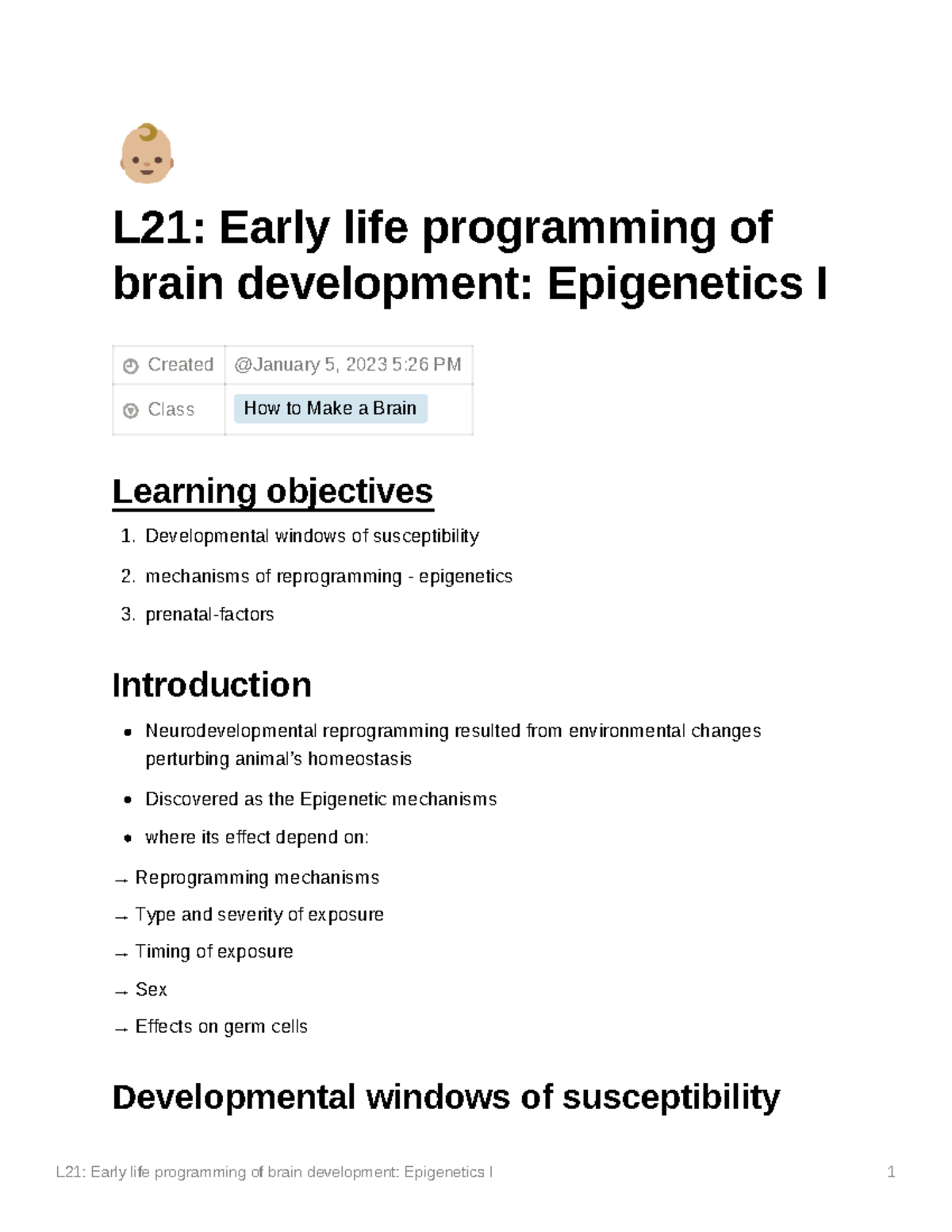L21 Early life programming of brain development Epigenetics I - L21 ...
