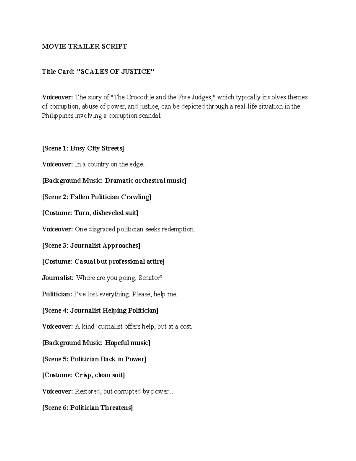 Script - MOVIE TRAILER SCRIPT Title Card: "SCALES OF JUSTICE" Voiceover ...