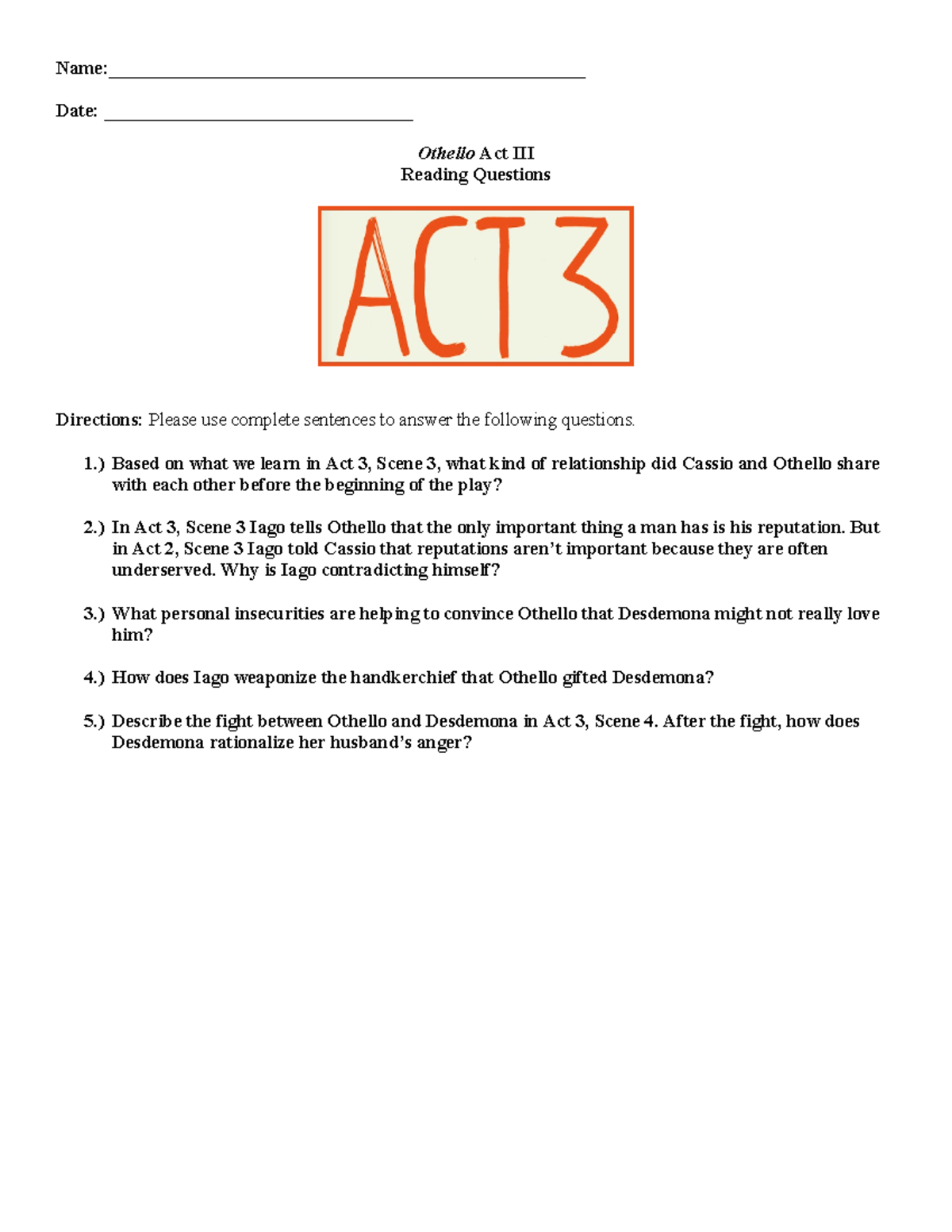 Othello Act III Reading Questions - Name