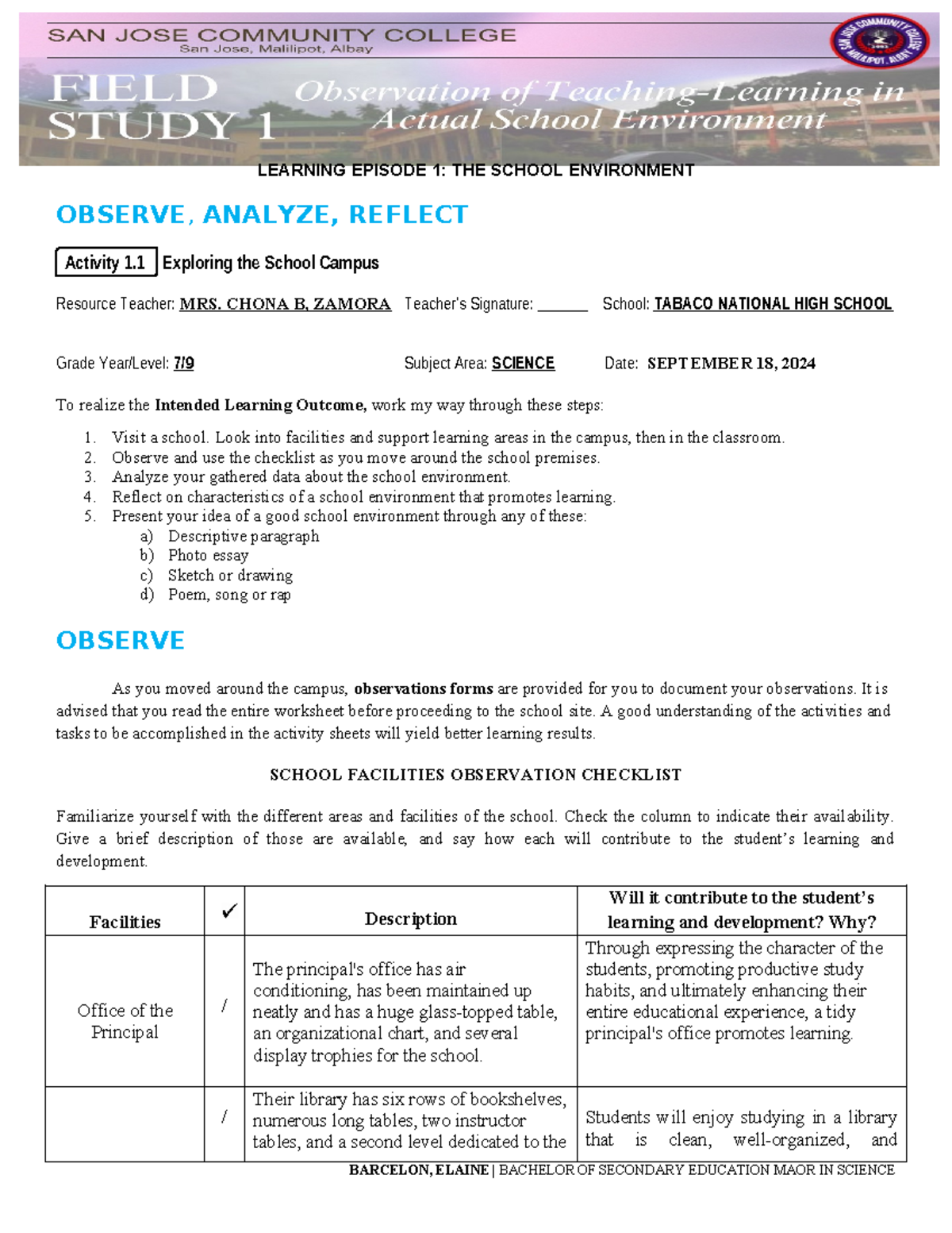 DUE-NOVE-29 - COPY - LEARNING EPISODE 1: THE SCHOOL ENVIRONMENT OBSERVE, ANALYZE, REFLECT ...