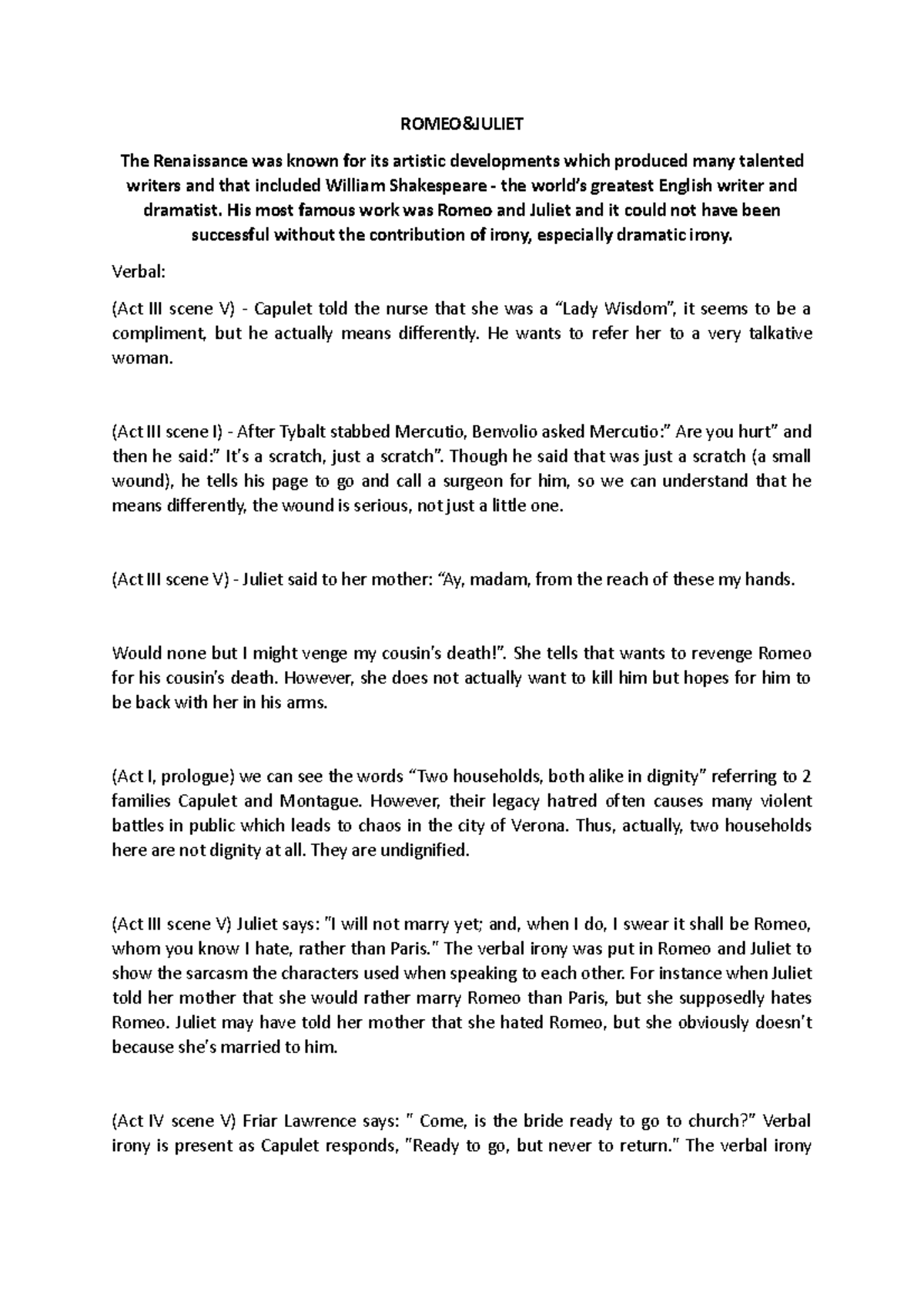 Verbal Irony In Romeo And Juliet