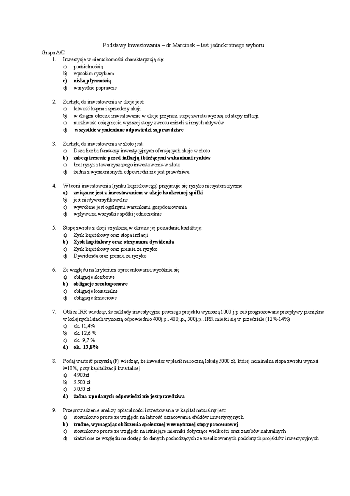 Egzamin 2017, pytania i odpowiedzi - Podstawy Inwestowania – dr ...