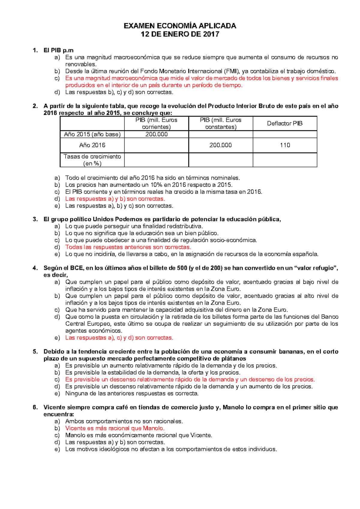 Examenes Resueltos Economía Aplicada - EXAMEN ECONOMÍA APLICADA 12 DE ENERO DE 2017 El PIB p a ...
