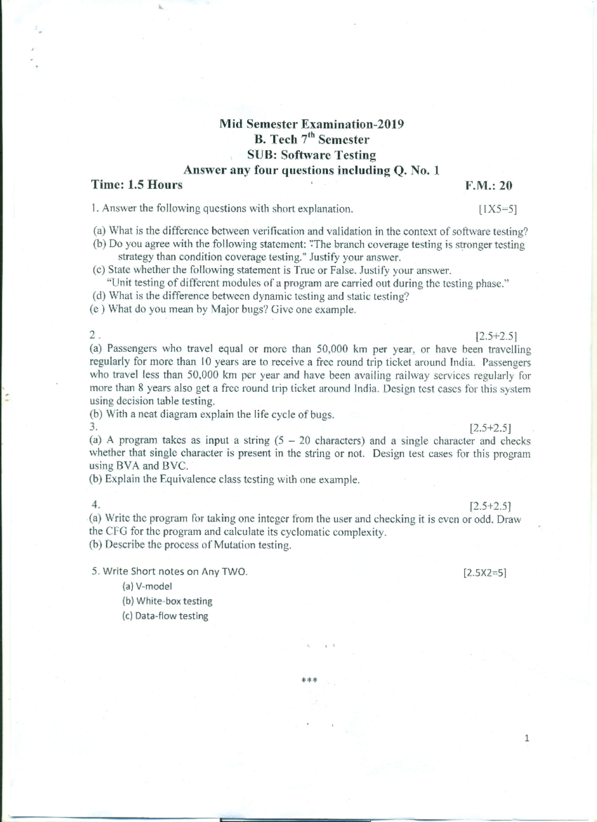 7th Semester , B. Tech ,Software Testing ,IT-4027, Mid Semester ...