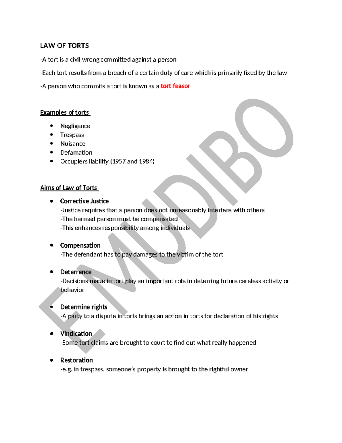 TORT -A'level - Tort law notes - LAW OF TORTS ####### -A tort is a ...