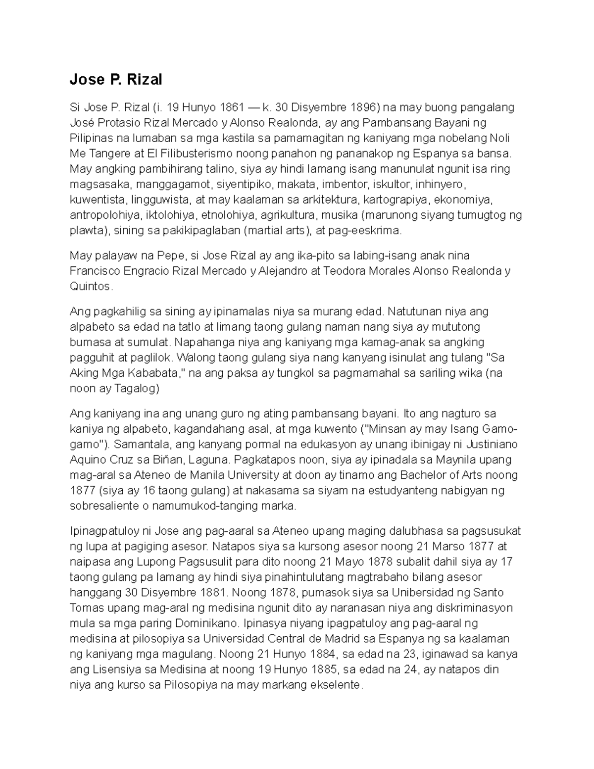 Report - lecture - Jose P. Rizal Si Jose P. Rizal (i. 19 Hunyo 1861 — k ...