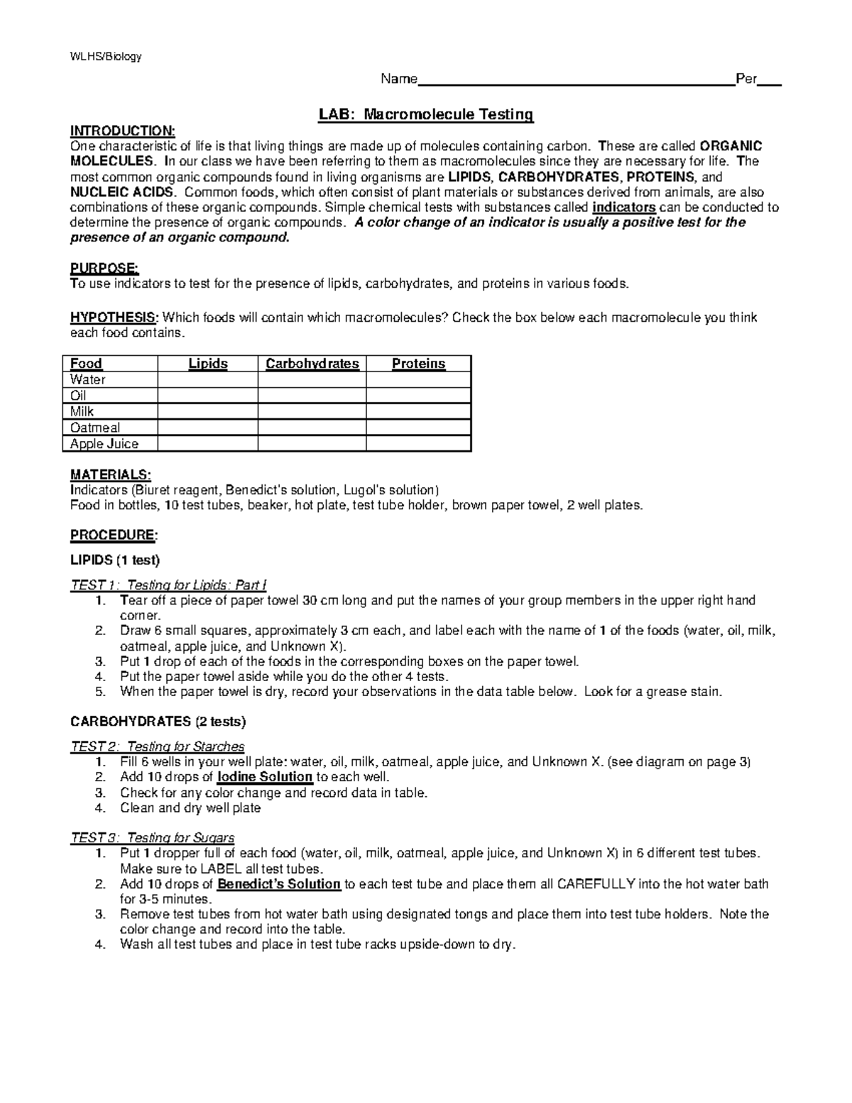Macrmolecules Testing Lab - WLHS/Biology Name Per LAB: Macromolecule ...