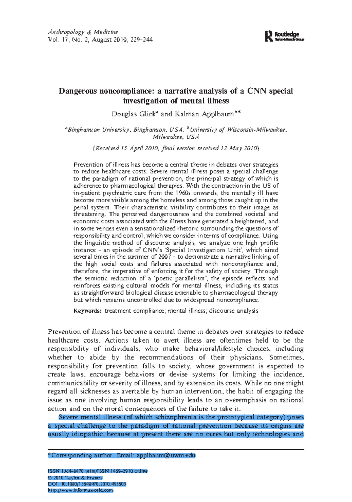 Paper 8 (assign 2) - anth - Anthropology & Medicine Vol. 17, No. 2, August 2010, 229– Dangerous ...