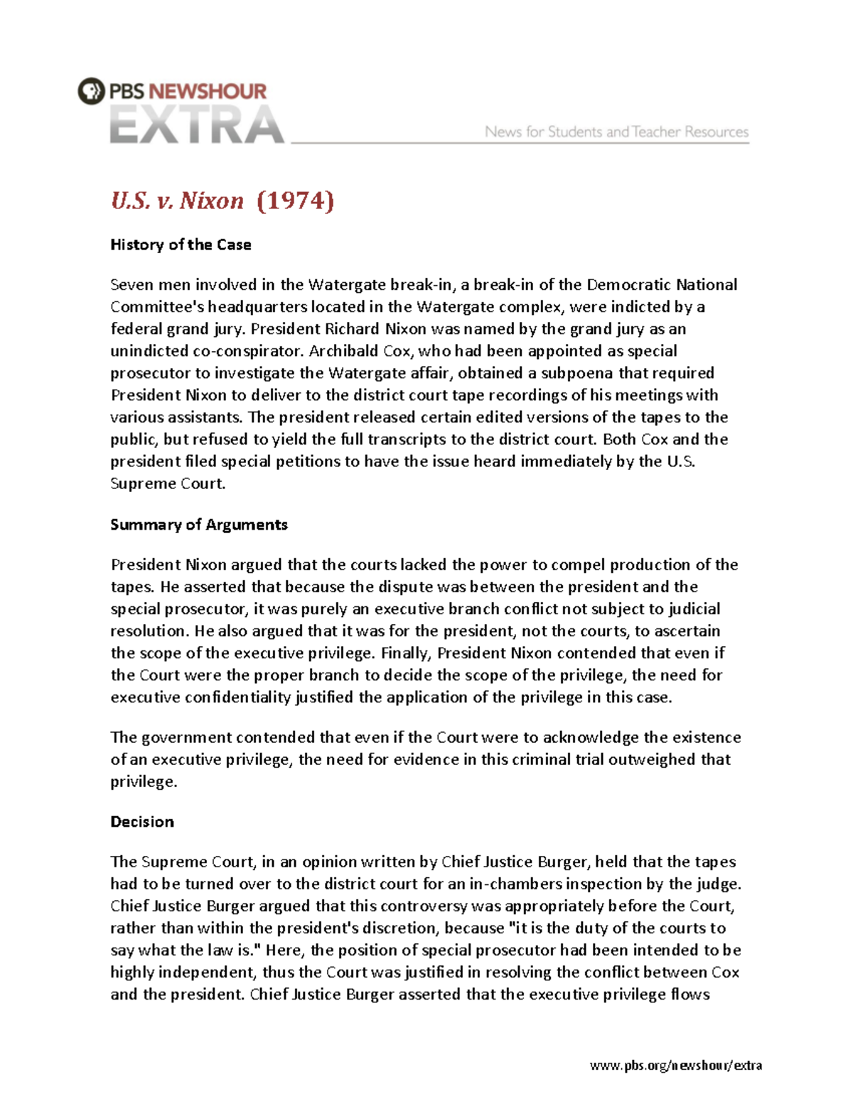 U S v Nixon - case description - pbs/newshour/extra U. v. Nixon (1974 ...