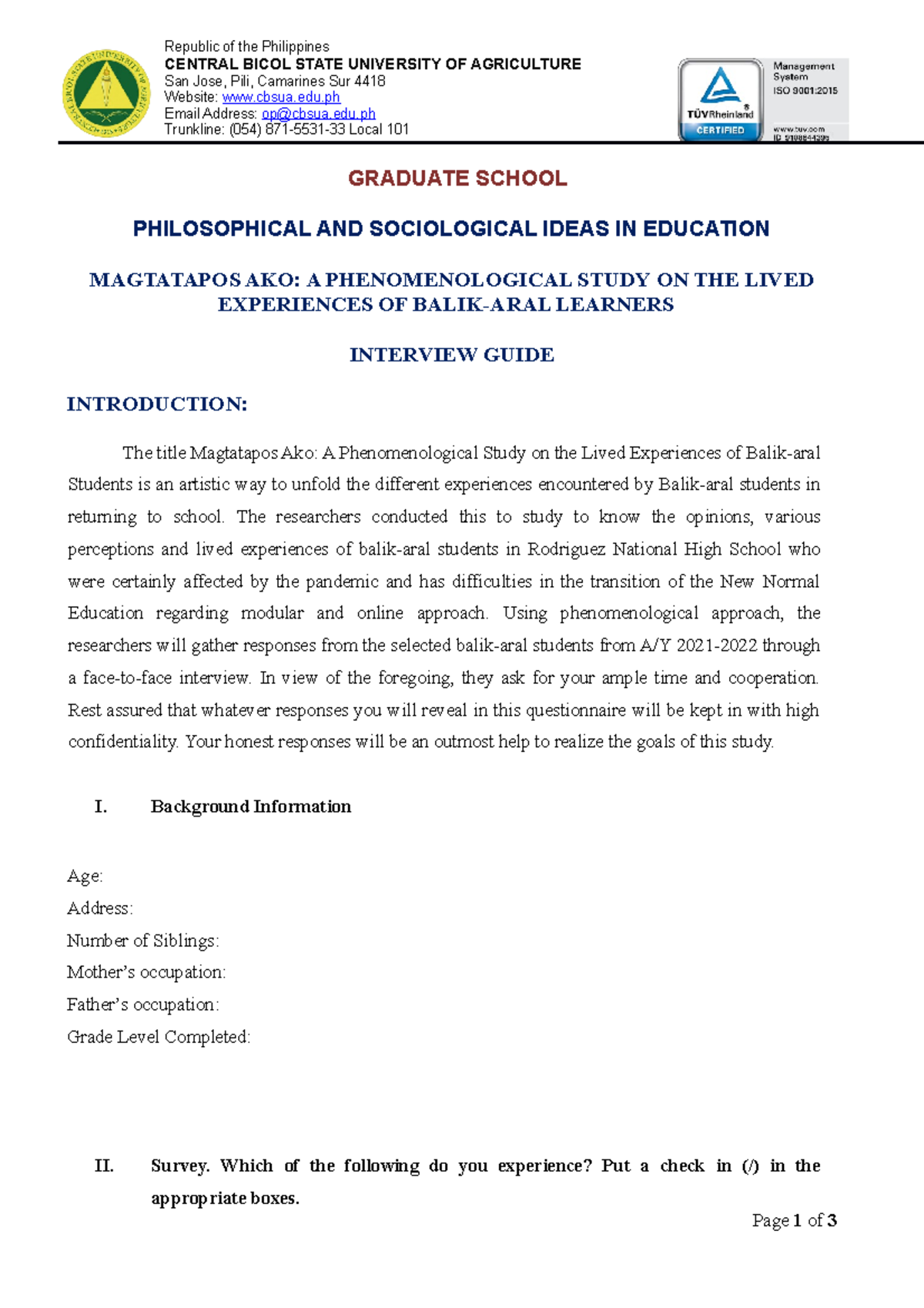 Group 2 Interview Guide on Phenomenological Study - Republic of the ...