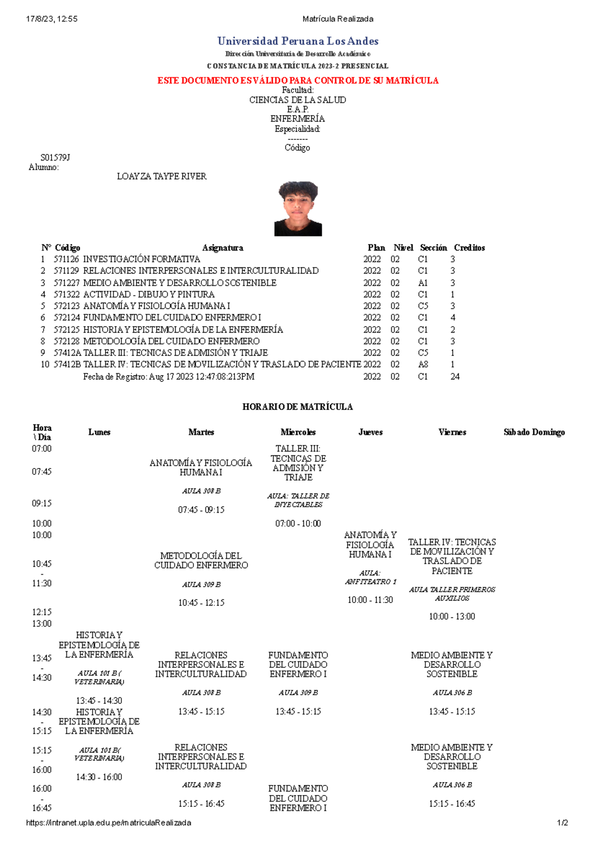 Mi horario pes - Sjdj - 17/8/23, 12:55 Matrícula Realizada intranet ...