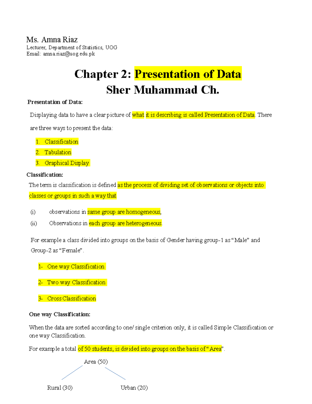Chp # 02 Presentation of data - Ms. Amna Riaz Lecturer, Department of ...