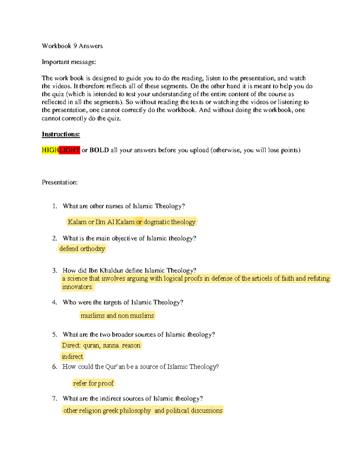 Workbook 9 - Workbook 9 AnswersImportant message: The work book is ...