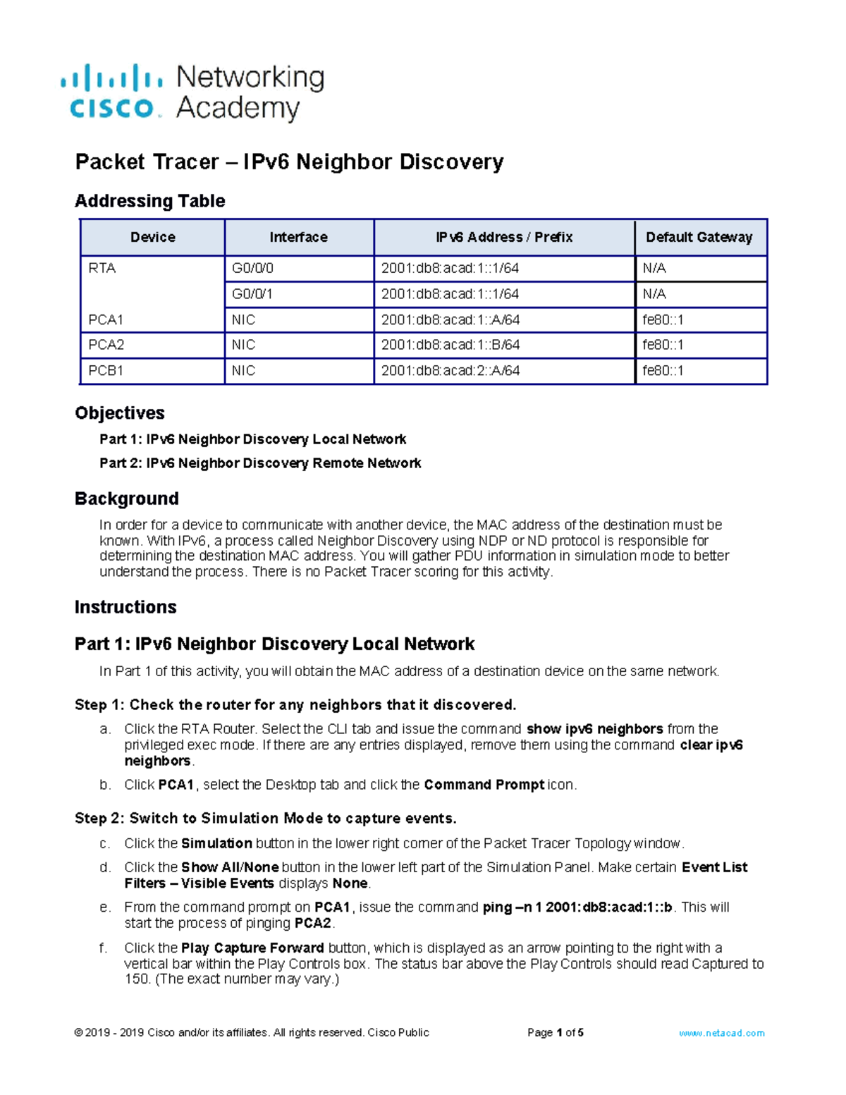 9 - ksdjflkasdjf - Packet Tracer – IPv6 Neighbor Discovery Addressing ...