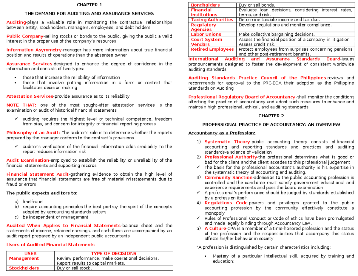 Auditing lecture - CHAPTER 1 THE DEMAND FOR AUDITING AND ASSURANCE SERVICES Auditing-plays a ...