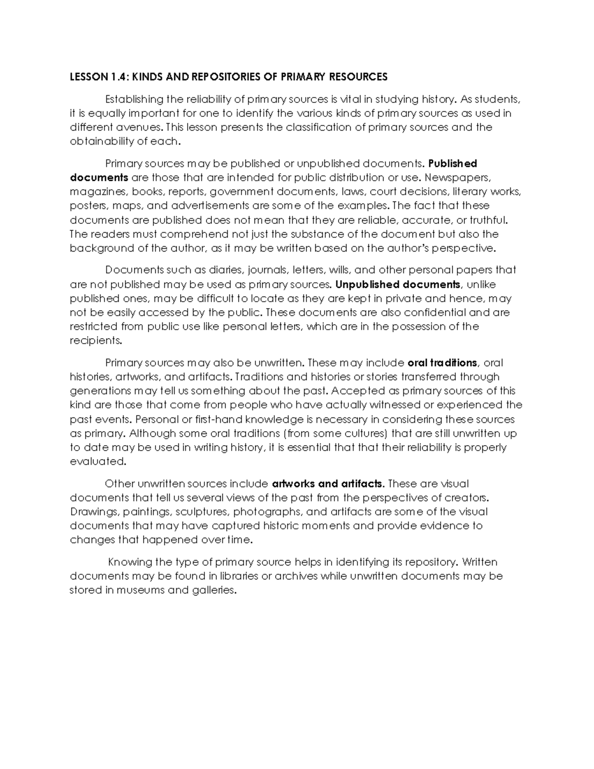 Lesson 1 - N/A - LESSON 1: KINDS AND REPOSITORIES OF PRIMARY RESOURCES ...