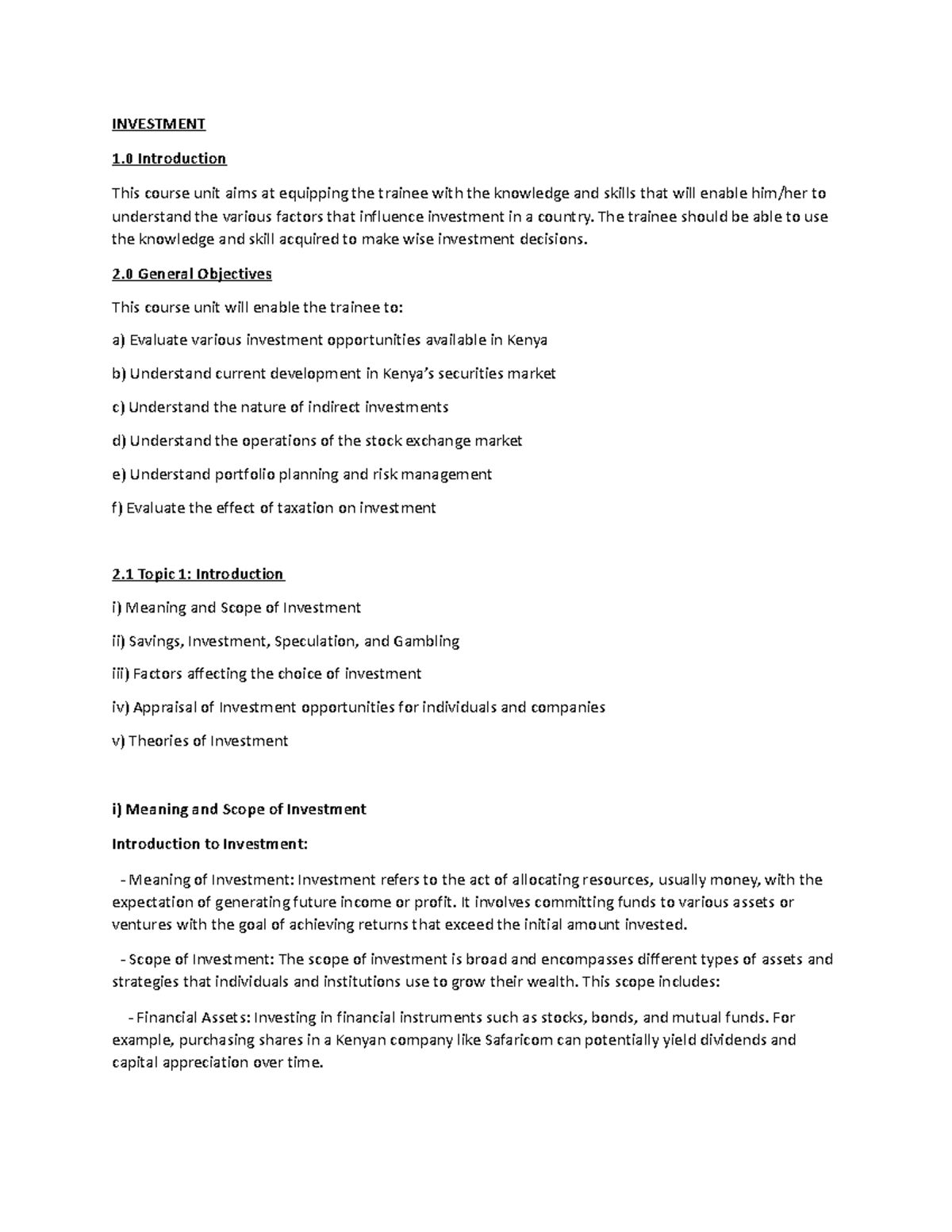 Investment Notes by Prof D - INVESTMENT 1 Introduction This course unit ...