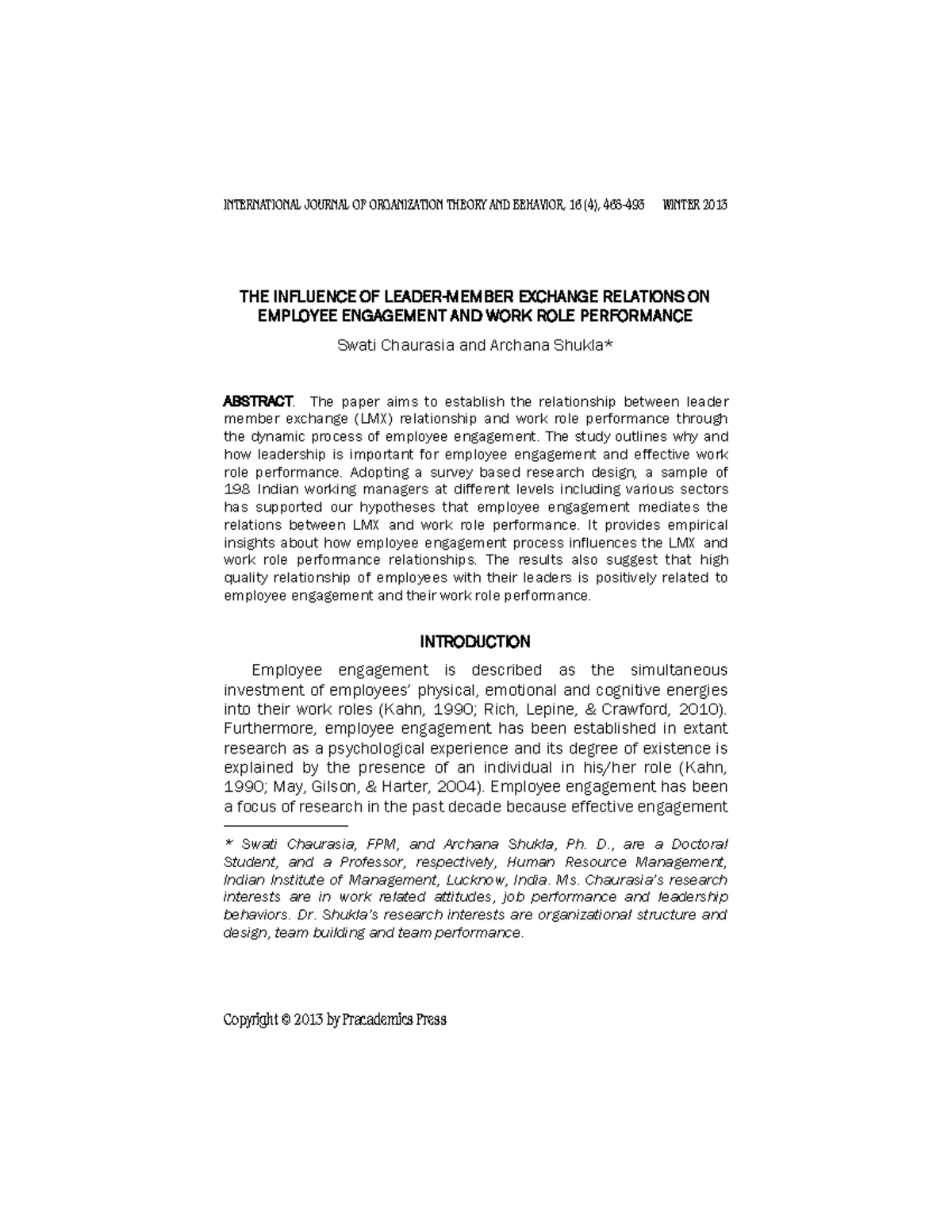 Happiness at work trut lmx - INTERNATIONAL JOURNAL OF ORGANIZATION THEORY AND BEHAVIOR, 16 (4 ...
