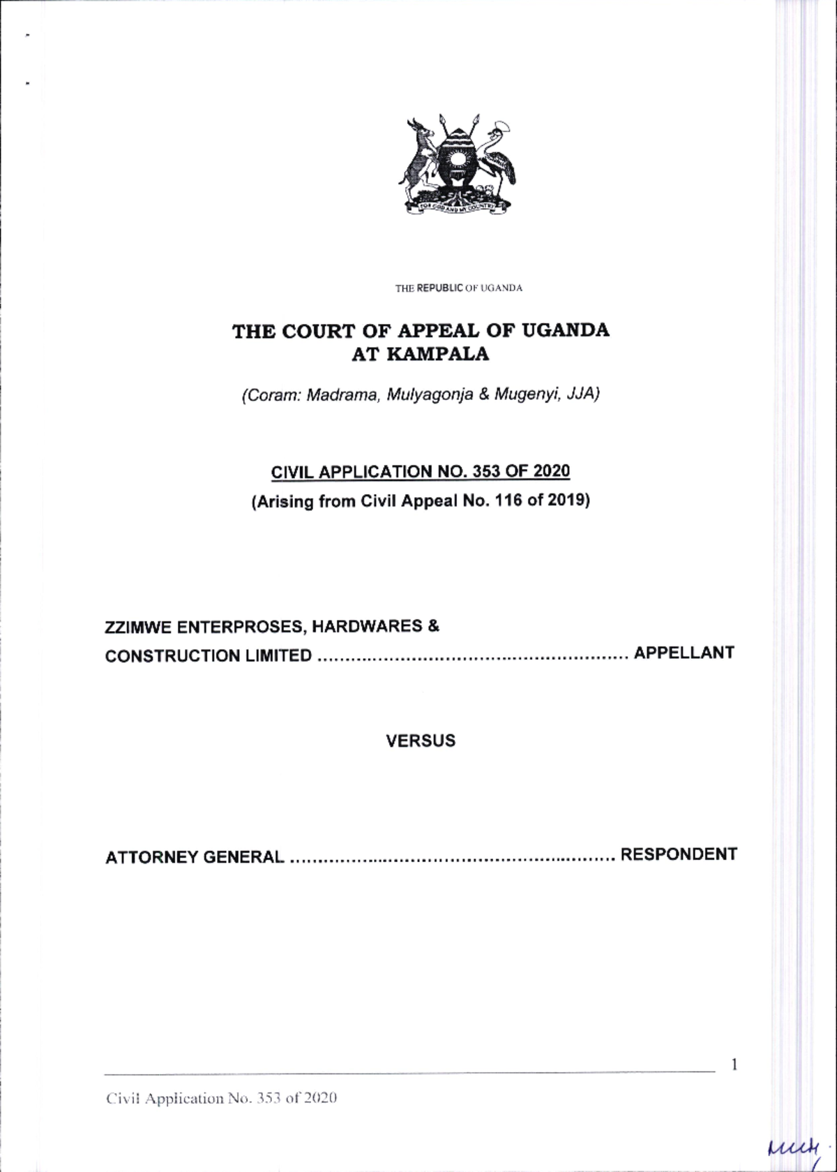 Zzimwe Construction case - THE REPUBLIC OF UGANDA THE COURT OF APPEAL ...
