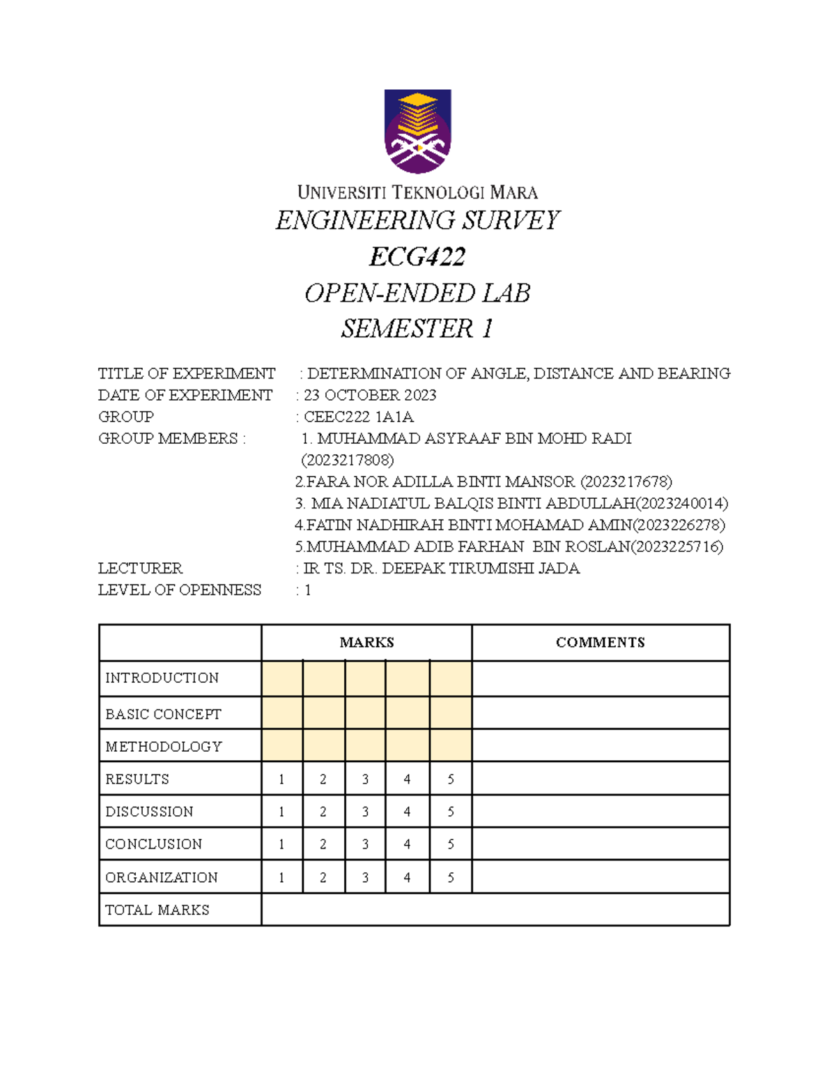 lab report survey - ENGINEERING SURVEY ECG OPEN-ENDED LAB SEMESTER 1 TITLE OF EXPERIMENT : - Studocu