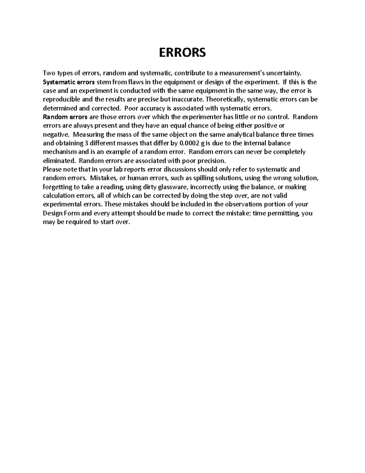 Techniques- Errors - Lab - ERRORS Two types of errors, random and ...
