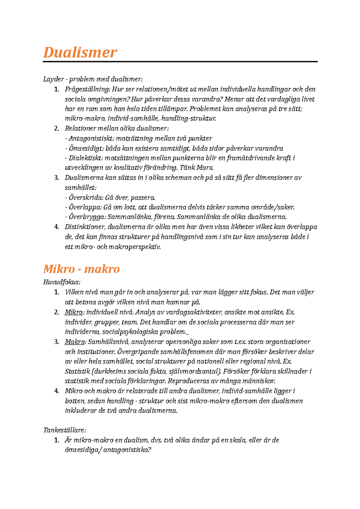 Layder-anteckningar - Sammanfattning Sociologi - Dualismer Layder ...