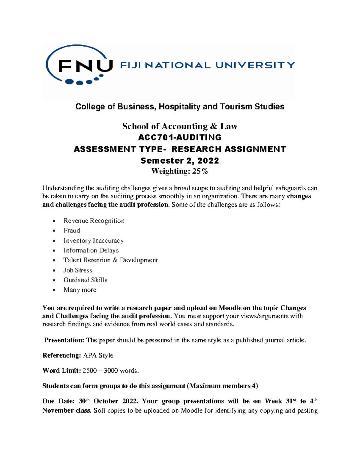 Major Assignment ACC701 - College of Business, Hospitality and Tourism ...