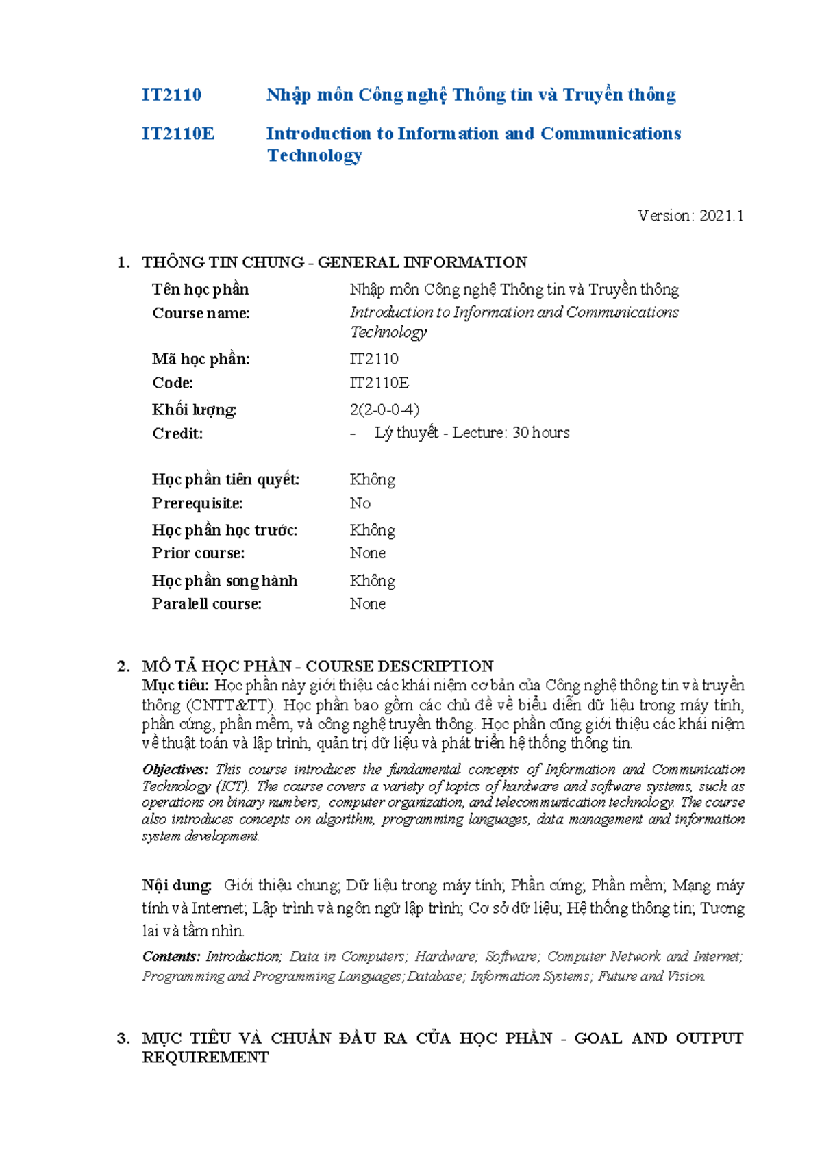 IT2110(E)-2021.1 De cuong Nhap mon CNTT&TT - Introduction to ICT - HUST ...