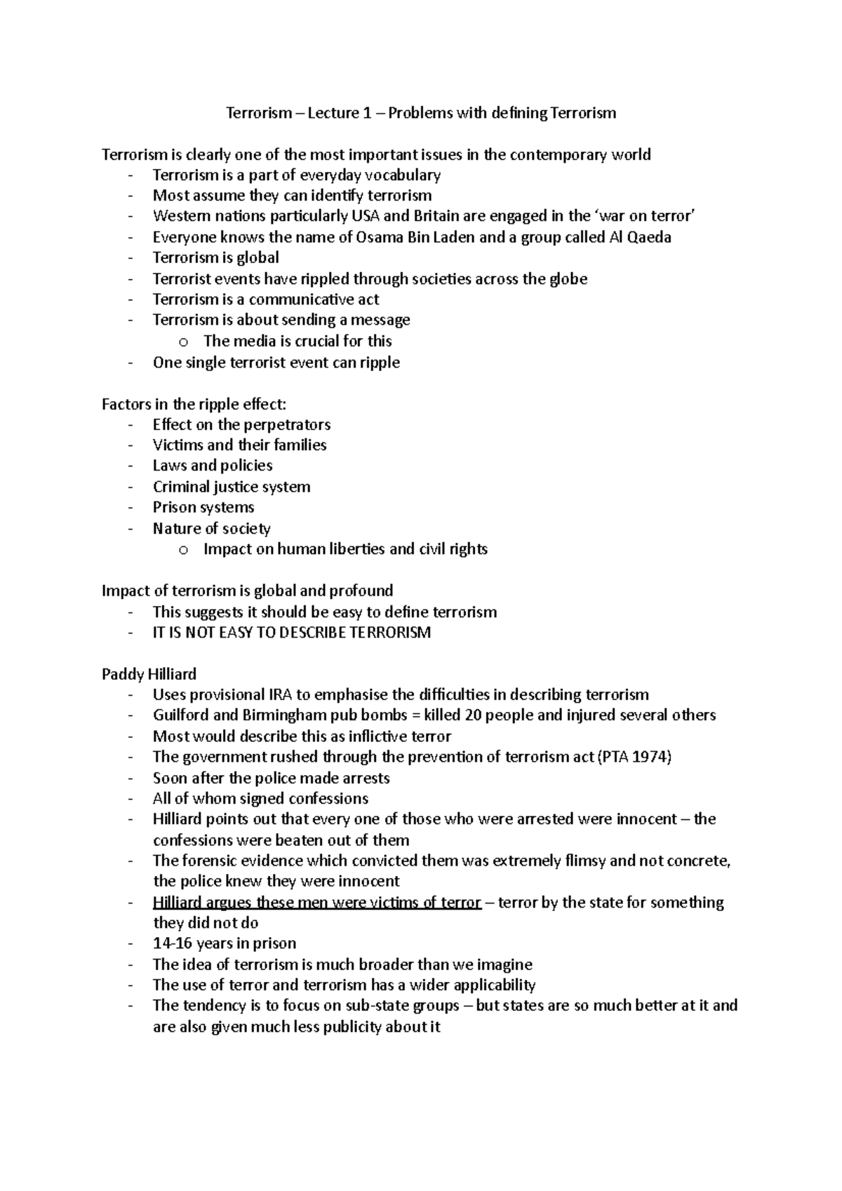 Terrorism definition - Lecture notes 2 - Terrorism – Lecture 1 ...
