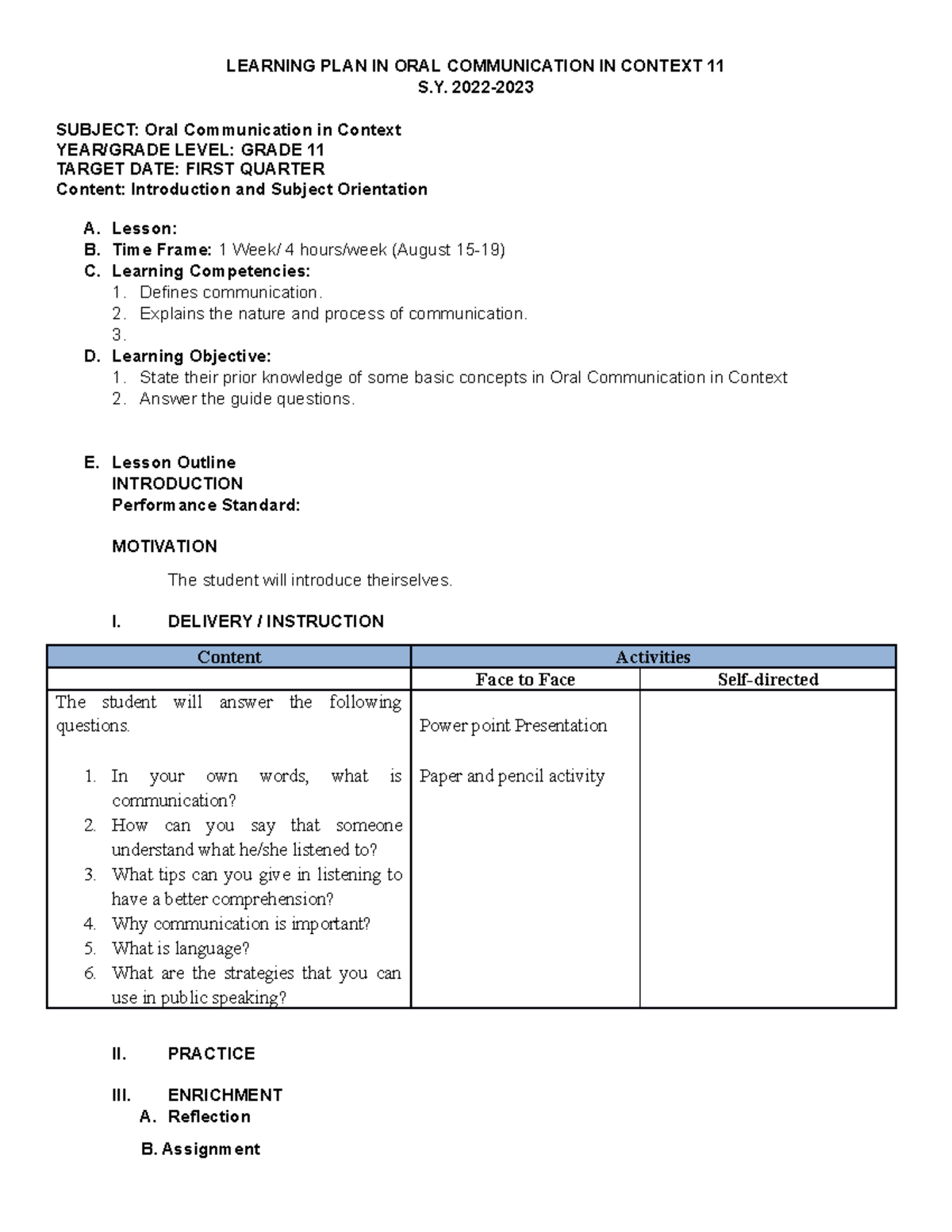 Lesson Plan Oral Communication (August 16-18, 2022) - LEARNING PLAN IN ...