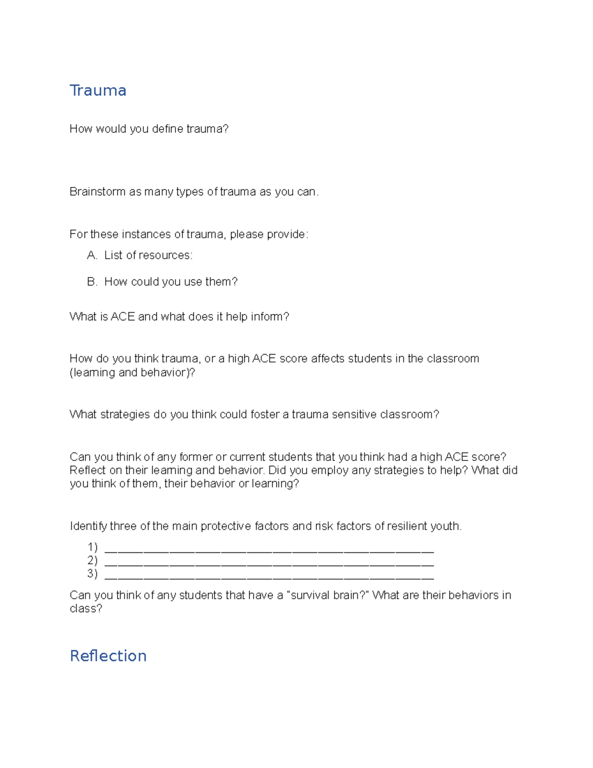 Week Four Resiliency Plan - Trauma How would you define trauma ...