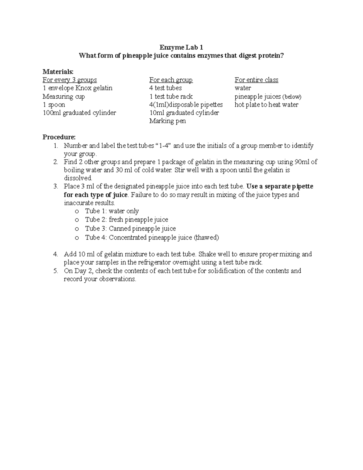 10s Pineapple Enzyme Lab - Enzyme Lab 1 What form of pineapple juice ...