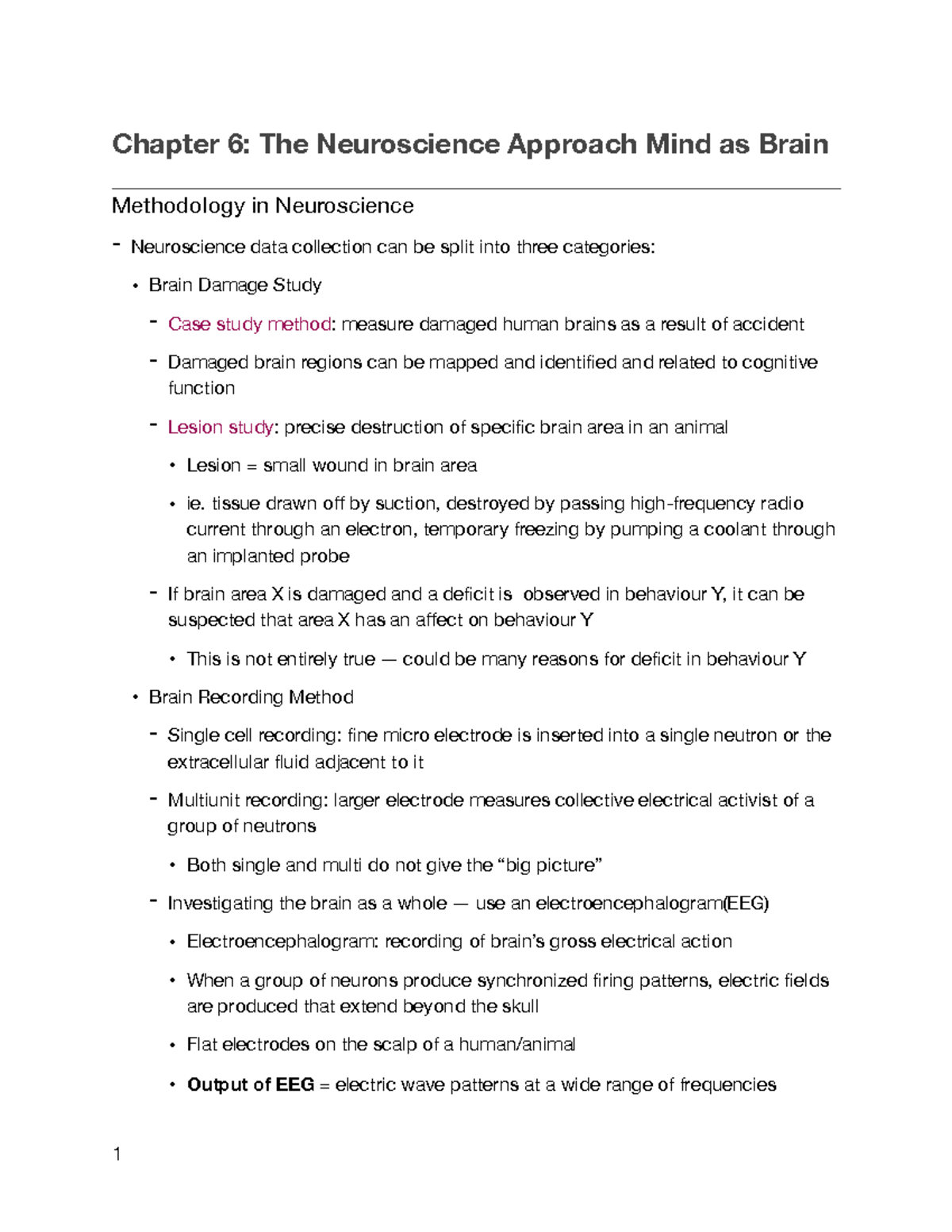 Ch. 6 Neuroscience - Chapter 6: The Neuroscience Approach Mind as Brain ...