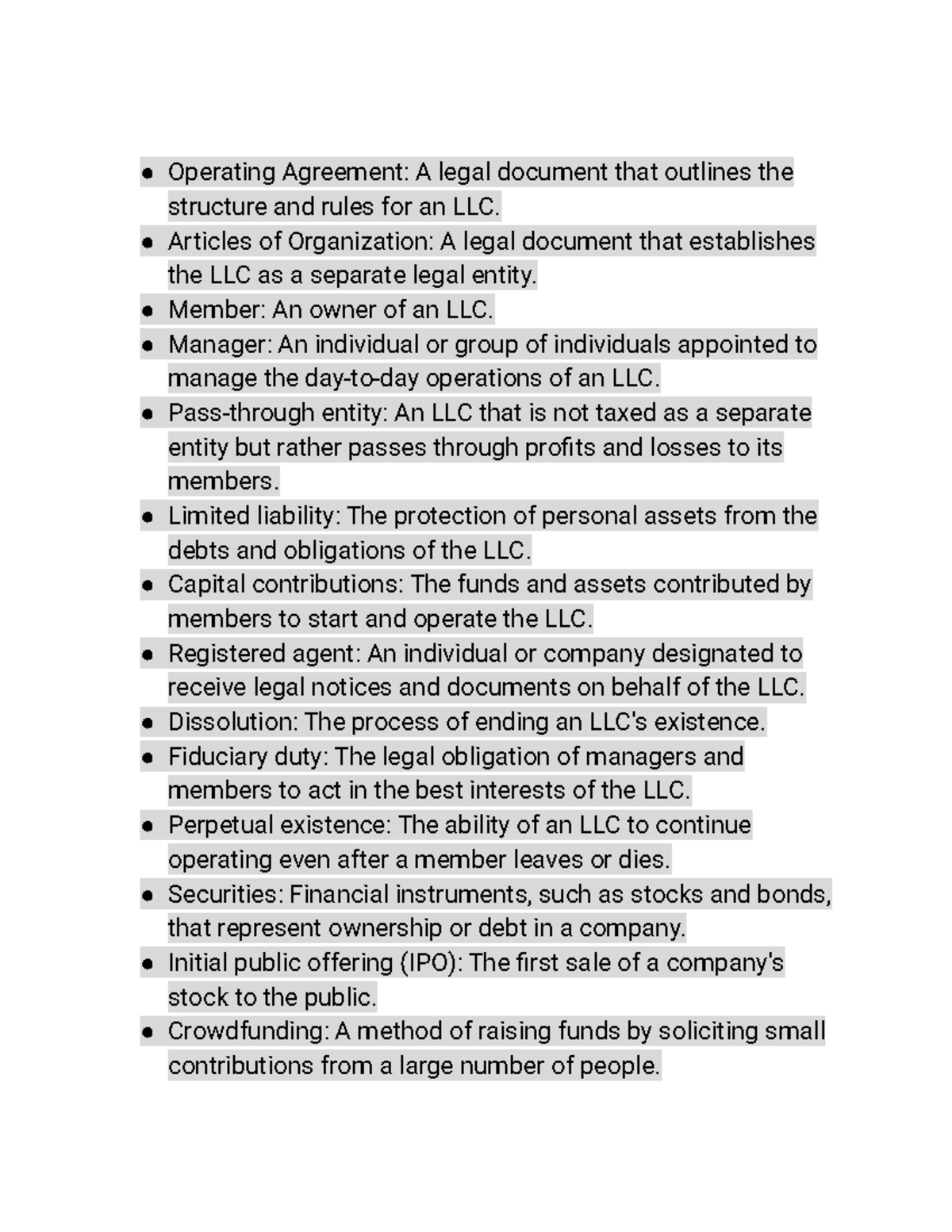 Business Law (GEN BUS 301) Key terms part 3 - Operating Agreement: A ...