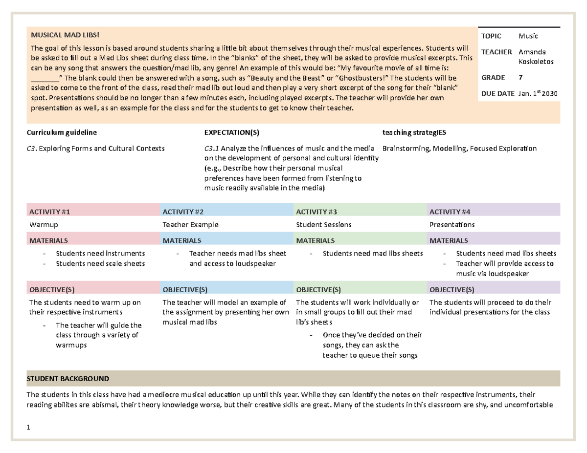 Grade 7 - Musical Mad Libs - MUSICAL MAD LIBS! The goal of this lesson ...