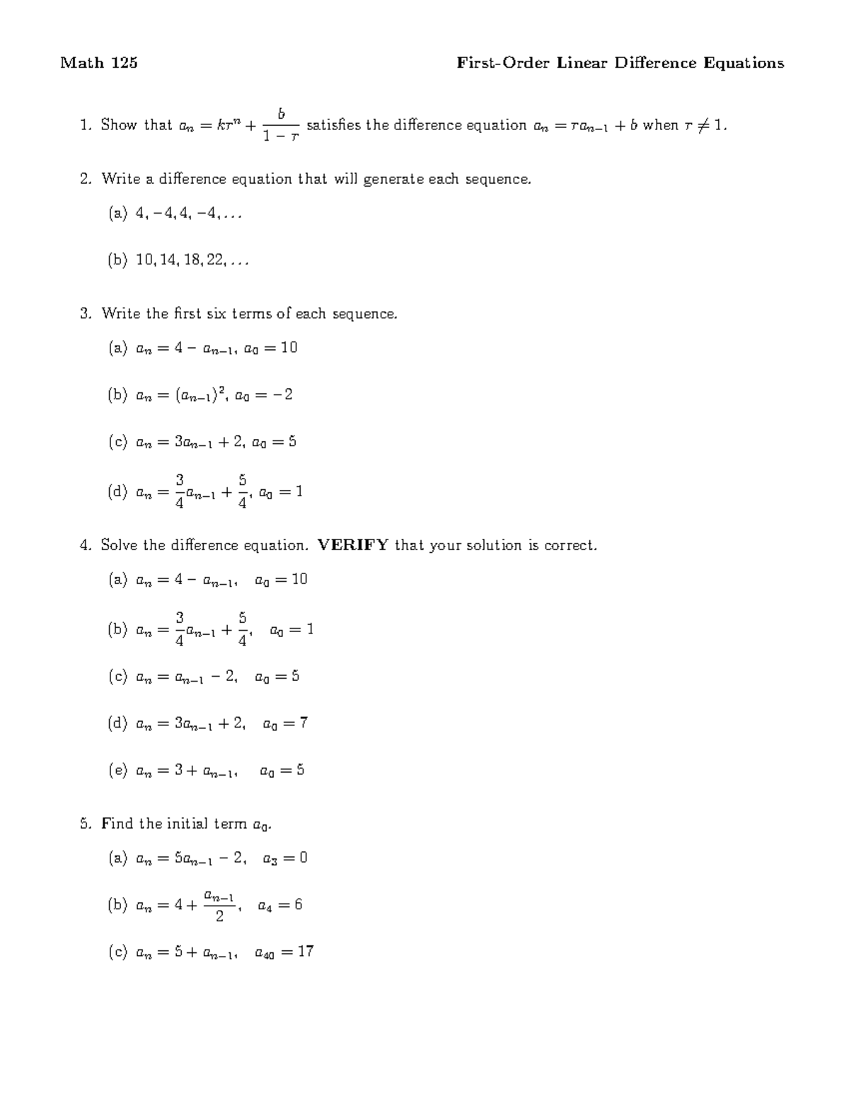 Linear Difference Equations Hw Math 125 First Order Linear Difference Equations Show That An